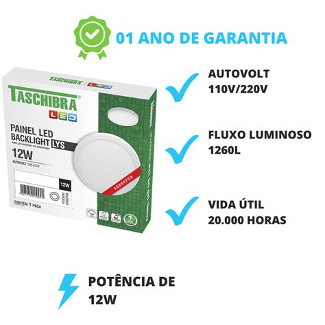 Painel Led 12w Lys Redondo Sobrepor Taschibra