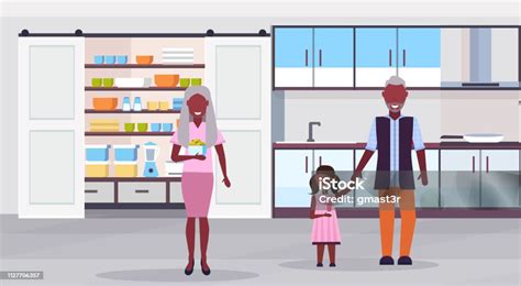 행복 한 조부모와 손자 소녀 서 함께 아프리카계 미국인 가족 모임 현대 부엌 인테리어 전체 길이 평면 수평 가족에 대한 스톡 벡터 아트 및 기타 이미지 Istock