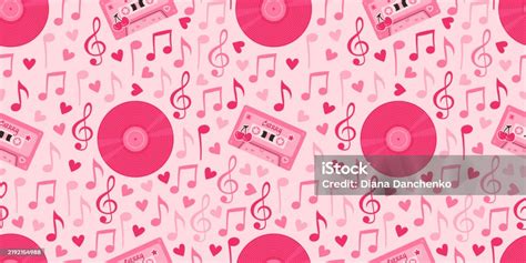 분홍색 배경에 하트가 있는 음표 고음 음자리표 카세트 비닐 레코드와 같은 음악 요소를 특징으로 하는 매끄러운 로맨틱한 패턴 발렌타인 데이 결혼식 및 축하 행사에 적합합니다