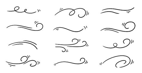 낙서 바람 선 스케치 세트입니다 손으로 그린 낙서 바람 운동 공기 불기 소용돌이 요소 스케치 그려진 공기 불어 모션 연기 흐름