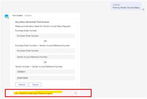 Unable To Reach App Error During Submit Action In Adaptive Cards From