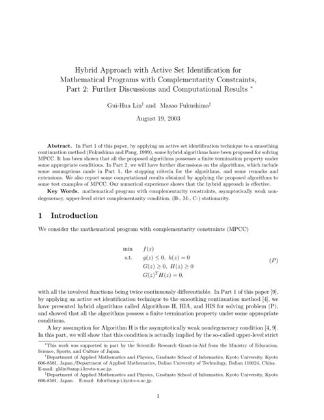 Pdf Hybrid Approach With Active Set Identification For Mathematical