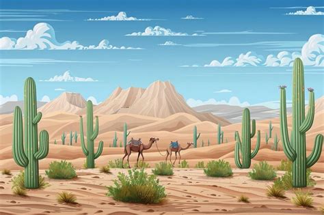 A Desert With Sand Dunes Cacti Caravan And Camel Premium Ai Generated