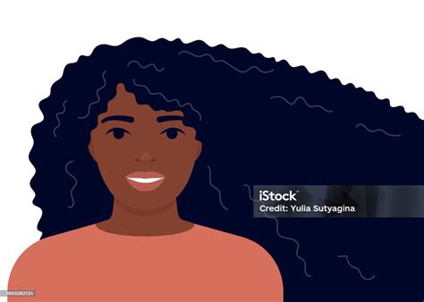 길게 흐르는 머리를 가진 젊은 여자 흑인 아프리카 소녀는 머리에 머리카락을 돌봅니다 미용실 미용실 샴푸 또는 여성의 날 3월 8일 템플릿 벡터 아프리카계 미국 민족에 대한