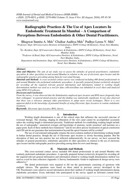 Pdf Radiographic Practices And The Use Of Apex Locators In Endodontic Treatment In Mumbai A