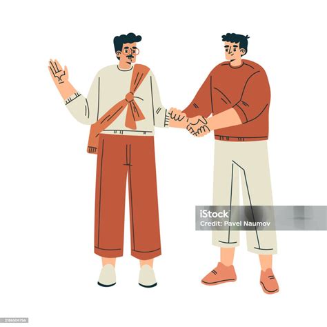 젊은 웃는 남자 문자 에서 서 있는 포즈 인사 와 악수 몸짓 와 벡터 일러스트 감정에 대한 스톡 벡터 아트 및 기타 이미지 Istock