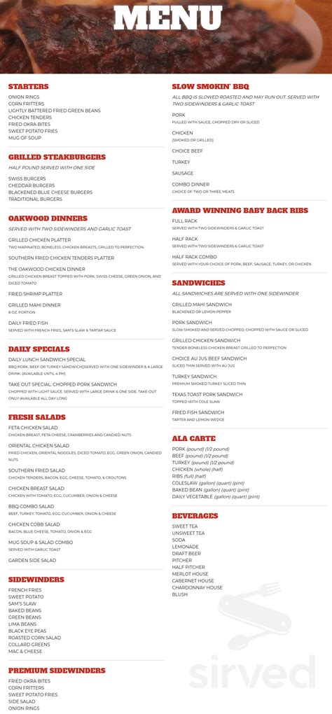 Menu For Oakwood Smokehouse And Grill In Leesburg Fl Sirved