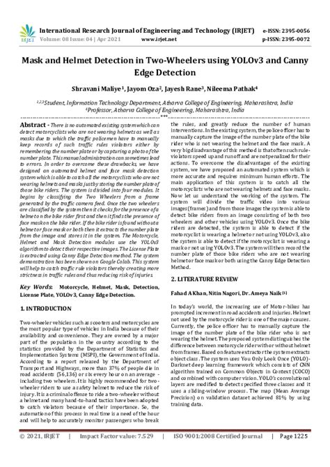 Pdf Irjet Mask And Helmet Detection In Two Wheelers Using Yolov3 And Canny Edge Detection