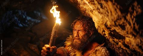 Caveman Holding Torch Exploring Dark Cave Prehistoric Adventure Survival And Ancient Human