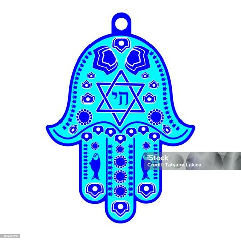 함사 미리암의 손 다윗의 손 여섯 개의 별과 단어 생명의 히브리어 비문과 전통적인 유대인 부적 흰색 배경에서 격리된 벡터 그림 함사 문양에 대한 스톡 벡터 아트 및 기타