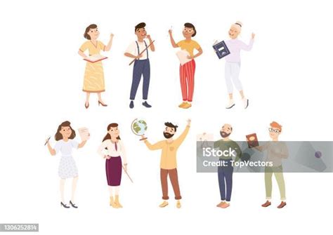 포인터와 학교 책 벡터 일러스트 레이션 세트와 남자와 여자 학교 교사 또는 교육자 교사 교육 관련 직업에 대한 스톡 벡터 아트