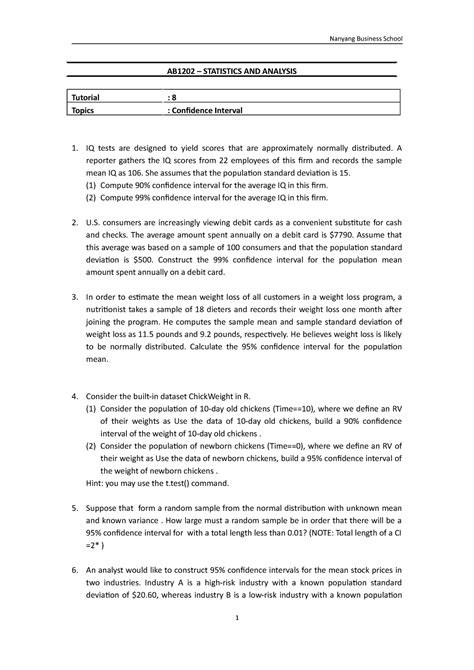 questions week 8 nanyang business school ab1202 statistics and
