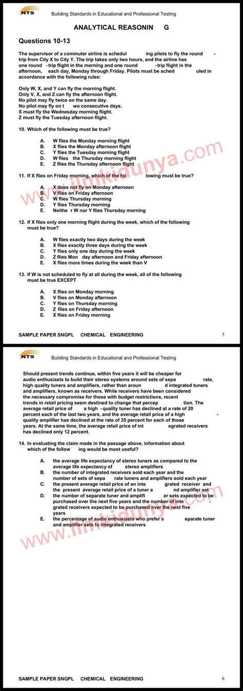 NTS Sample Past Papers Chemical Engineering Department Analytical Reasoning