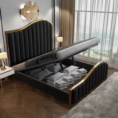 Elegant Luxury King Size Velvet Fabric Storage Bedframe Black Art