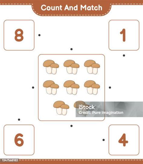 카운트 앤 매치 버섯 볼레투스의 수를 계산하고 올바른 숫자와 일치합니다 교육 어린이 게임 인쇄 워크 시트 벡터 일러스트레이션 0명에 대한 스톡 벡터 아트 및 기타 이미지