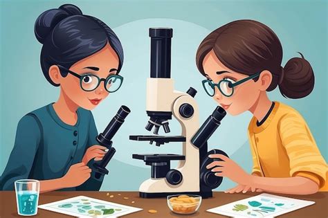Premium Photo Illustration Of 2 Girls Using A Microscope