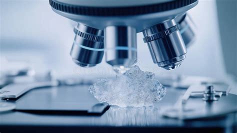 Cryo Em Tech Tiny Biological Sample Details Closeup View Of Microscope Lens Focused On Frozen