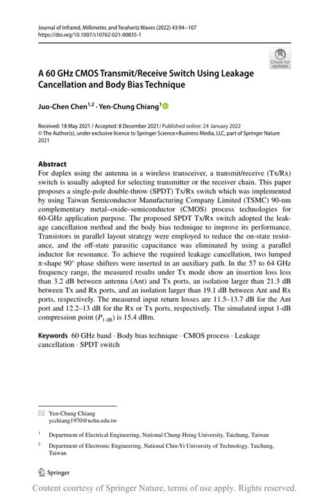 A 60 Ghz Cmos Transmit Receive Switch Using Leakage Cancellation And Body Bias Technique