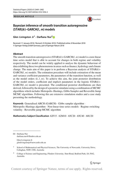 Bayesian Inference Of Smooth Transition Autoregressive Starkgarchl M Models Request Pdf