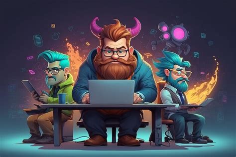 premium photo cartoon character sits with a laptops coder designer or