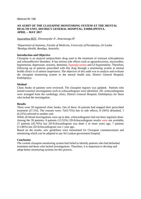 Pdf An Audit Of The Clozapine Monitoring System At The Mental Health Unit District General