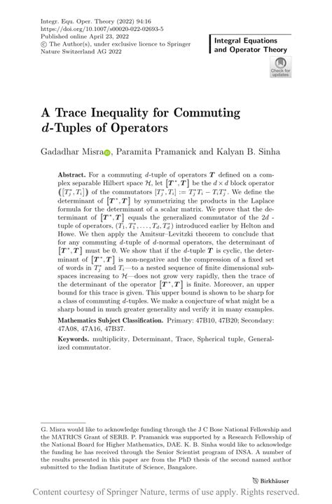 A Trace Inequality For Commuting D Tuples Of Operators Request Pdf