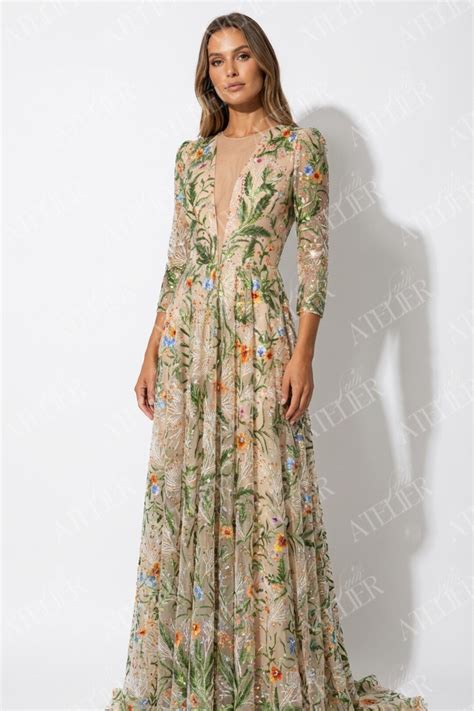 Beige Champagne Botanical Floral Wedding Dress Plunge Neck Colorful