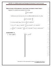 Worksheet DERIVATIVES OF EXPONENTIAL FUNCTIONS FOR BASES OTHER THAN E Pdf MATH