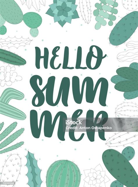 선인장의 프레임의 벡터 이미지와 캑 터 스 실루엣 단어 안녕하세요 여름입니다 장식 보육원 카드 집 인테리어 인쇄 직물 포스터에 대 한 스칸디나비아 스타일의 손으로 그린 그림