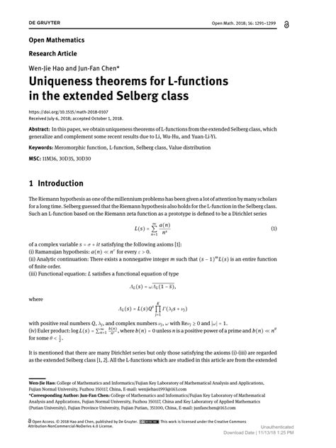 Pdf Uniqueness Theorems For L Functions In The Extended Selberg Class