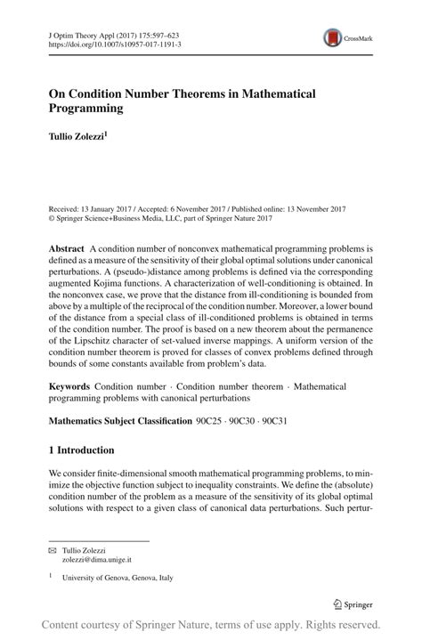 On Condition Number Theorems In Mathematical Programming