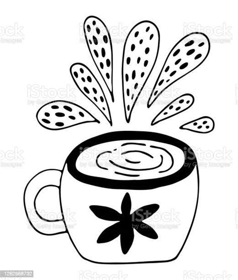 커피 한 잔 블랙 윤곽 벡터 일러스트레이션 꽃과 귀여운 머그잔 커피 데이 카드 음료 디자인 및 포장 재료에 대한 낙서 스케치 0