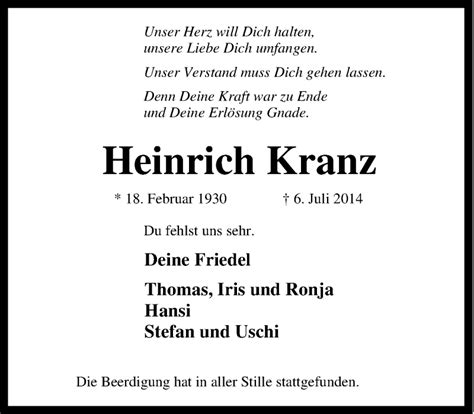 Traueranzeigen Von Heinrich Kranz Trauer In Nrw De