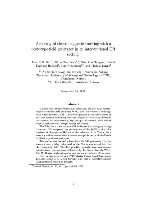 Pdf Accuracy Of Electromagnetic Tracking With A Prototype Field Generator In An Interventional