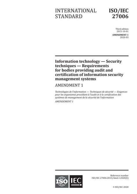 ISO IEC 27006 2015 Amd 1 2020 Information Technology Security Techniques Requirements For