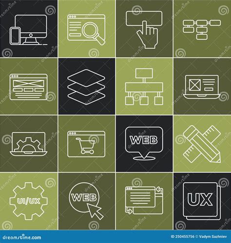Set Line Ui Or Ux Design Crossed Ruler And Pencil Keyboard Layers Monitor Mobile And Site