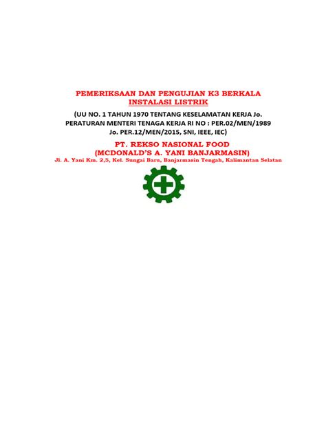 Riksa Uji K3 Instalasi Listrik Mcd Banjarmasin Pdf