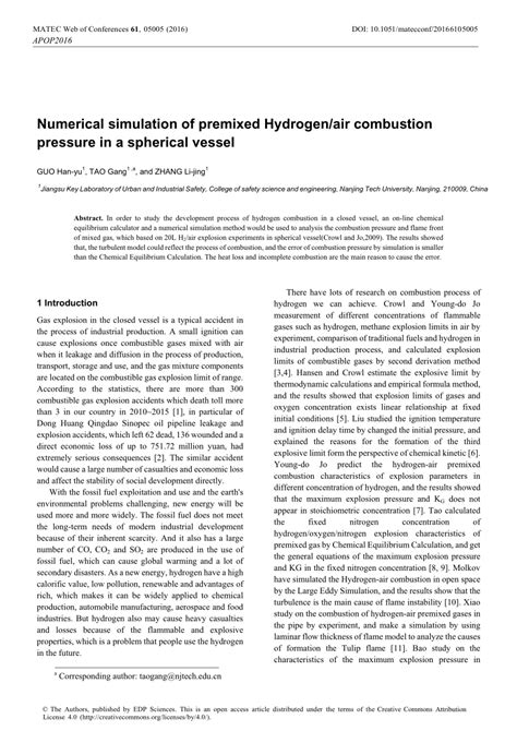 Pdf Numerical Simulation Of Premixed Hydrogenair Combustion Pressure In A Spherical Vessel