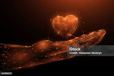 자선 또는 사랑 개념 진한 빨간색 배경에 심장 기호가있는 손바닥의 다각형 벡터 그림 심장 이식 및 장기 기증 개념 낮은 폴리 디자인 보살핌에 대한 스톡 벡터 아트 및 기타