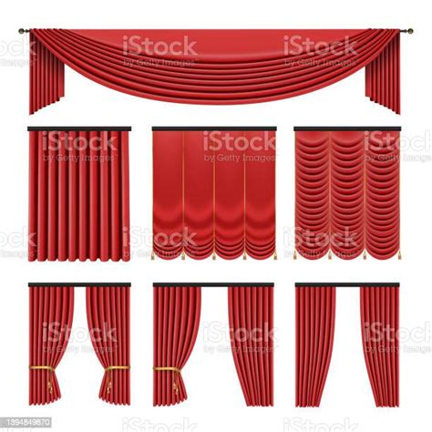 흰색 배경에 고립 된 고전적인 스타일로 설정된 빨간색 커튼 사실적인 3d 럭셔리 벡터 일러스트 레이 션 커튼에 대한 스톡 벡터