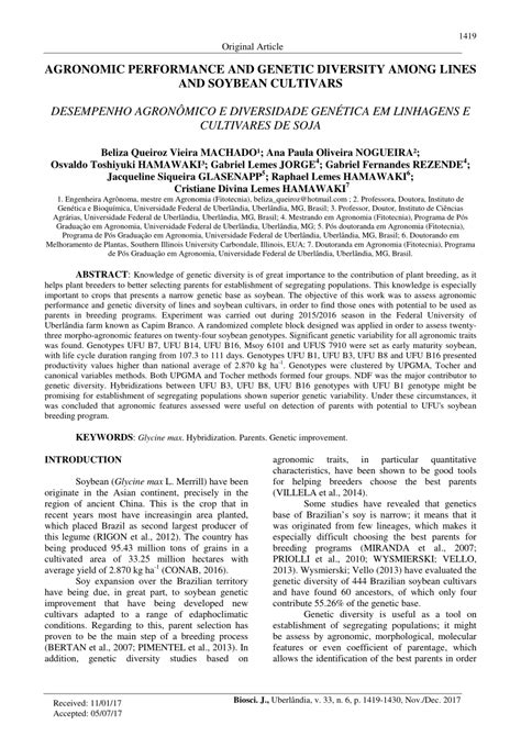 Pdf Agronomic Performance And Genetic Diversity Among Lines And Soybean Cultivars