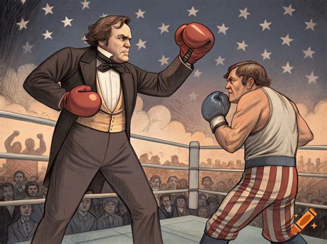Political Cartoon Of Stephen A Douglass Boxing A Giant Figure On Craiyon