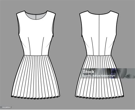 드레스 플리츠 테크니컬 패션 일러스트와 민소매 몸에 맞는 미니 길이 스커트 플랫 의류 프론트 백 0명에 대한 스톡 벡터 아트 및