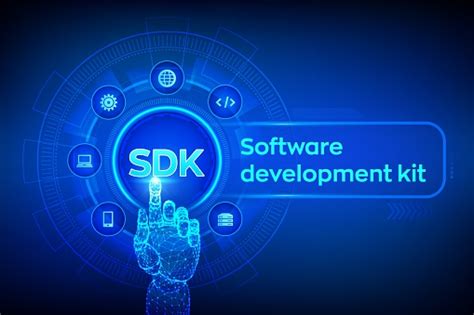 Sdk 가상 화면에서 소프트웨어 개발 키트 프로그래밍 언어 기술 개념 기술 개념 디지털 인터페이스를 만지는 로봇 손 벡터