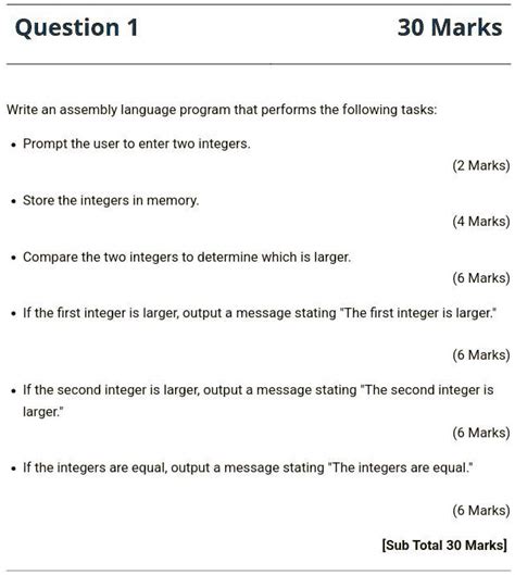 Question 1 30 Marks Write An Assembly Language Program That Performs