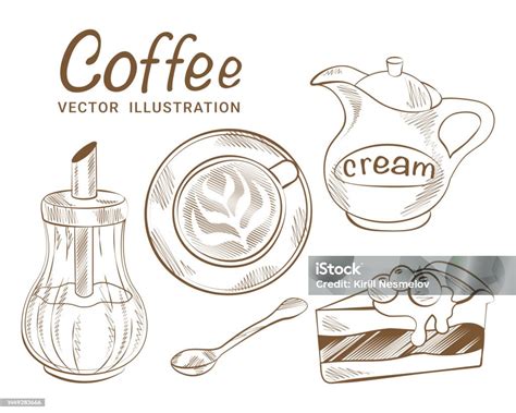 벡터 도면 세트 커피 컵 커피 크림 설탕 그릇 케이크 커피 테마 건강한 생활방식에 대한 스톡 벡터 아트 및 기타 이미지