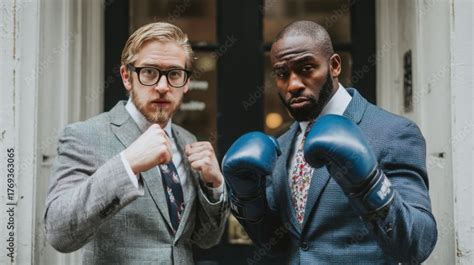 Photo Stock Two Men In Suits Face Off With Boxing Gloves They Appear