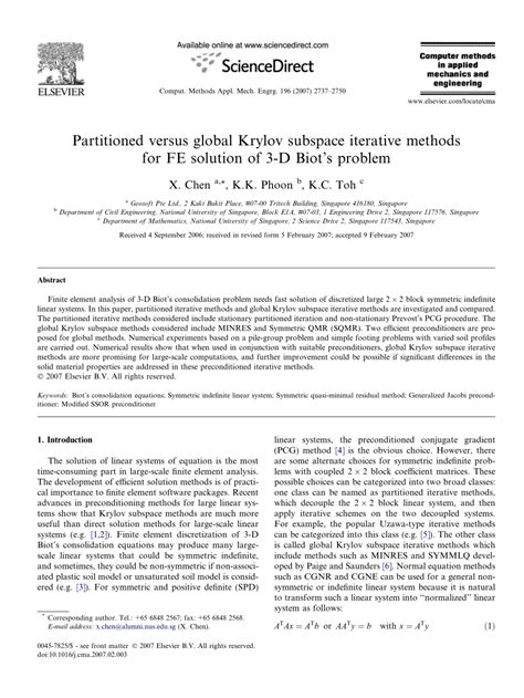 Pdf Partitioned Versus Global Krylov Subspace Iterative Methods For Fe Solution Of 3 D Biots