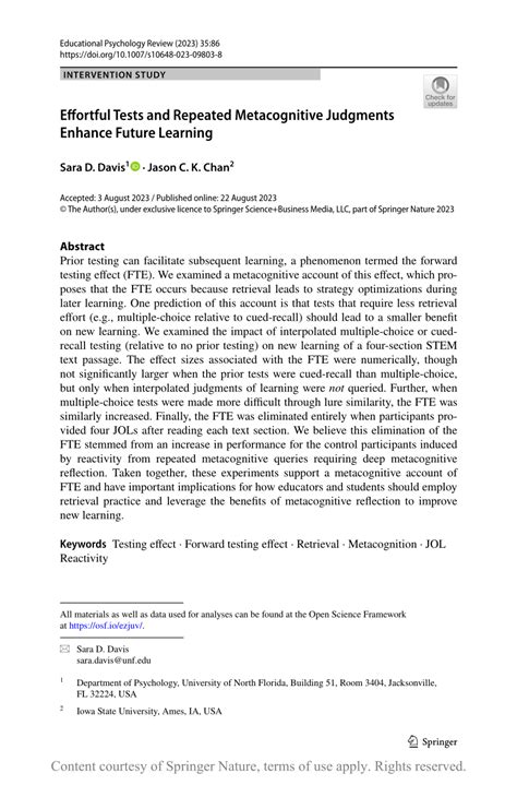 Effortful Tests And Repeated Metacognitive Judgments Enhance Future Learning Request Pdf