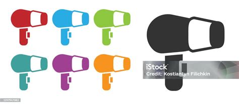 흰색 배경에 격리 된 검은 머리 건조기 아이콘 헤어 드라이어 기호 헤어 건조 기호 뜨거운 공기를 불어 다채로운 아이콘을